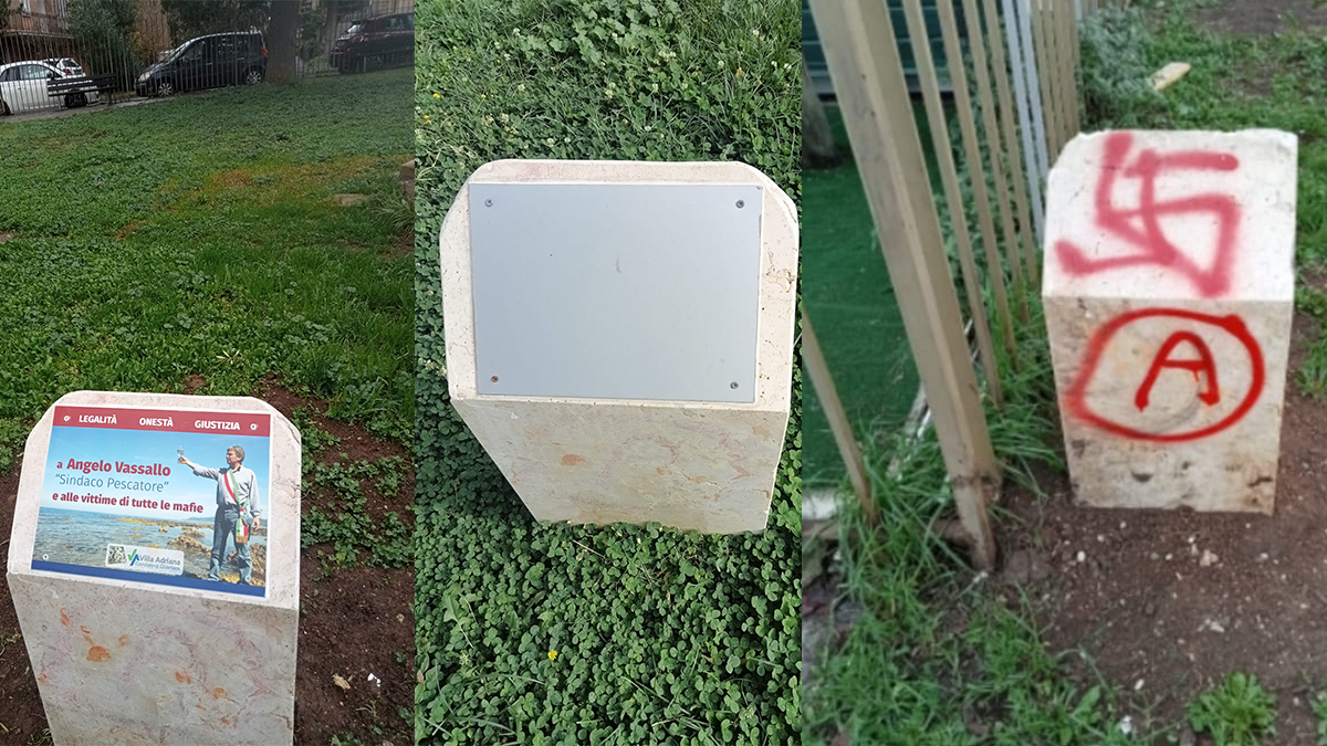 A Tivoli la stele dedicata ad Angelo Vassallo coperta con la svastica ...